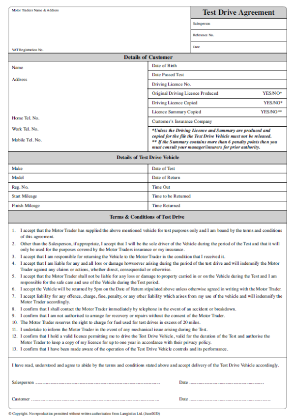 Test Drive Agreement Pad – Lawgistics